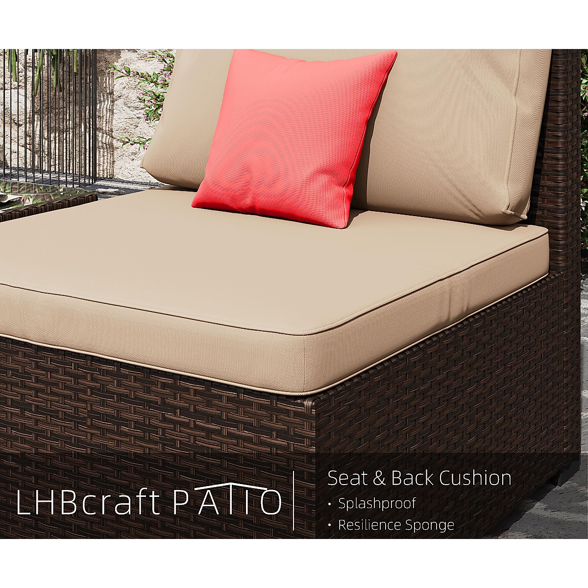 LHBcraft 7 Piece Patio Furniture Set, Outdoor Furniture Patio Sectional Sofa, All Weather PE Rattan Outdoor Sectional with Beige Cushion and Glass Table, Clips.