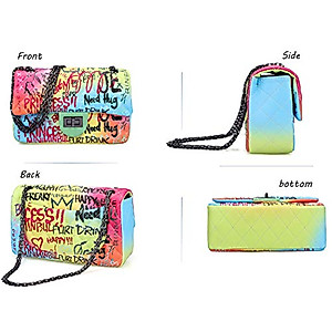 VOGUZY Women Graffiti PU Multicolour Quilted Purse Lattice Clutch Shoulder Bag Classic Cross Body with Chain Satchel Handbags Yellow Graffiti