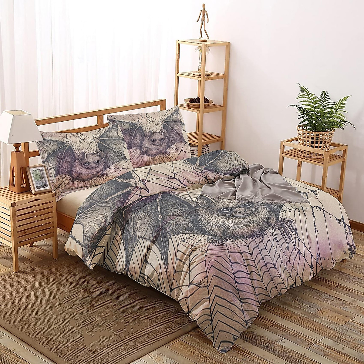 AopGlyvyr Horror Bat Duvet Cover California King Size, Spider Web Comforter Cover, Halloween Bedding Set, Breathable Duvet Cover with Zipper Closure, 3 Pieces, 1 Duvet Cover and 2 Pillowcase