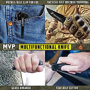 USMC Black Tactical Folding Knife-3.5 Inch Blade Marine Rescue & Hunting Knife-Two-Sided Engravings - USMC Gift-Disabled USMC Vet Owned SMALL Business