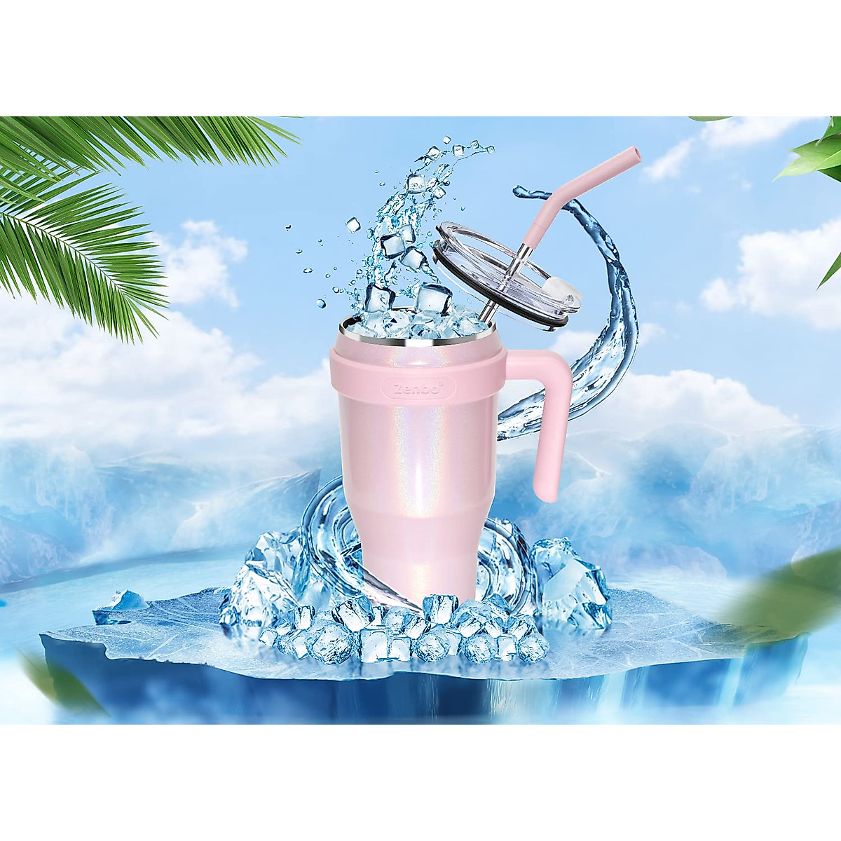 Zenbo 40 oz Glitter Tumbler with Handle, Leak-Proof Lid & Straw - Stainless Steel Insulated Cup, Keeps Cold for 34 Hrs, Car Cup Holder Compatible, Dishwasher Safe, BPA Free