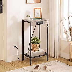 HOOBRO Tall Side Table with Charging Station, 28.7" H Industrial Telephone End Table, Small Entryway Table, Tall Bedside Table for Living Room, Hallway, Bedroom, Office, Greige BG08UDH01
