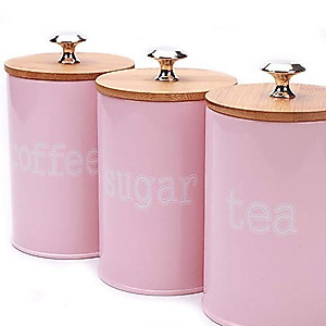 X022S Set of 3 Metal Food Storage Tin Canister/Jar with Bamboo Lid (matte pink)