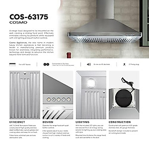 COSMO COS-63175 30 in. Vista Collection 380 CFM Ducted Wall Mount Range Hood, Button Controls, LED Lights, Stainless Steel