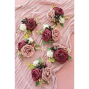 Ling's Moment Artificial Flowers 25Pcs Burgundy Roses Decor w/Stems,3" Real Touch DIY Foam Floral for Wedding Bouquet/Centerpieces, Outdoors Party Backdrop, Room/Table, and Garden/Pot Decorations