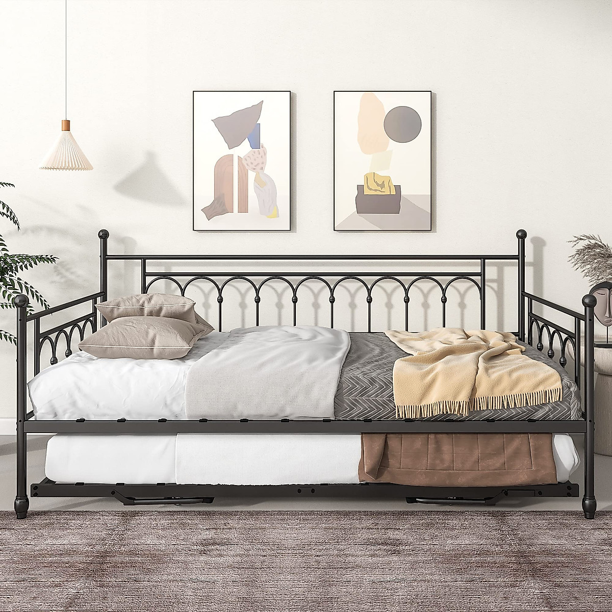 kuurfuurdo Twin Daybed with Trundle, Metal Daybed with Pop Up Trundle, Day Bed with Trundle Bed Twin, Steel Slat Support Sofa Bed for Kids Teens Adults Living Room, No Box Spring Needed