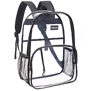 COVAX Clear Backpack, See Through Clear Bookbags, Water-resistant PVC Transparent Backpack for School, Work, Security, Sporting Events