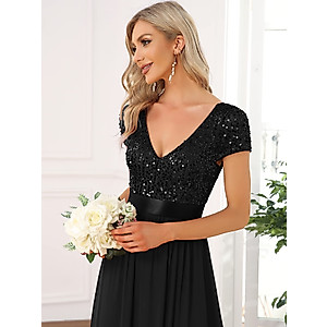 Ever-Pretty Women's Sequin V-Neck line Short Sleeves Empire Waist Maxi Evening Dress Formal Dress Black US12
