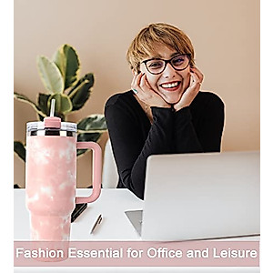 DREAMING MY DREAM 40oz Tumbler with Handle, H2.0 Tumbler Reusable Vacuum, Insulated Tumbler With Lid and Straws, Insulated Cup, Leak Resistant Lid (Tie Dye Pink)