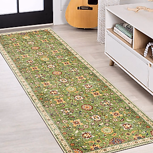 YesRug 2x6 Green Runner Rug, Boho Long Rugs for Hallway Entryway Laundry Room Bathroom Bedroom Kitchen Rugs Non Slip Washable, Vintage Area Rug Soft Low Pile Distressed Floor Carpet