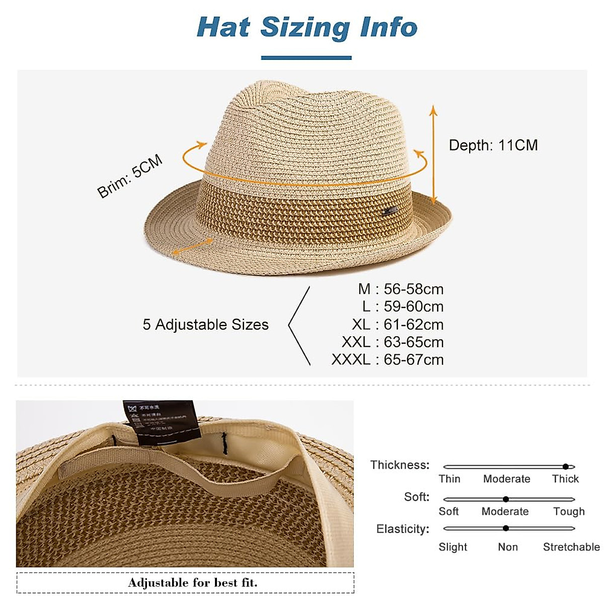 Fancet Packable Straw Fedora Panama Sun Summer Beach Hat Cuban Trilby Men Women 63-65cm Size 8 XX-Large Beige