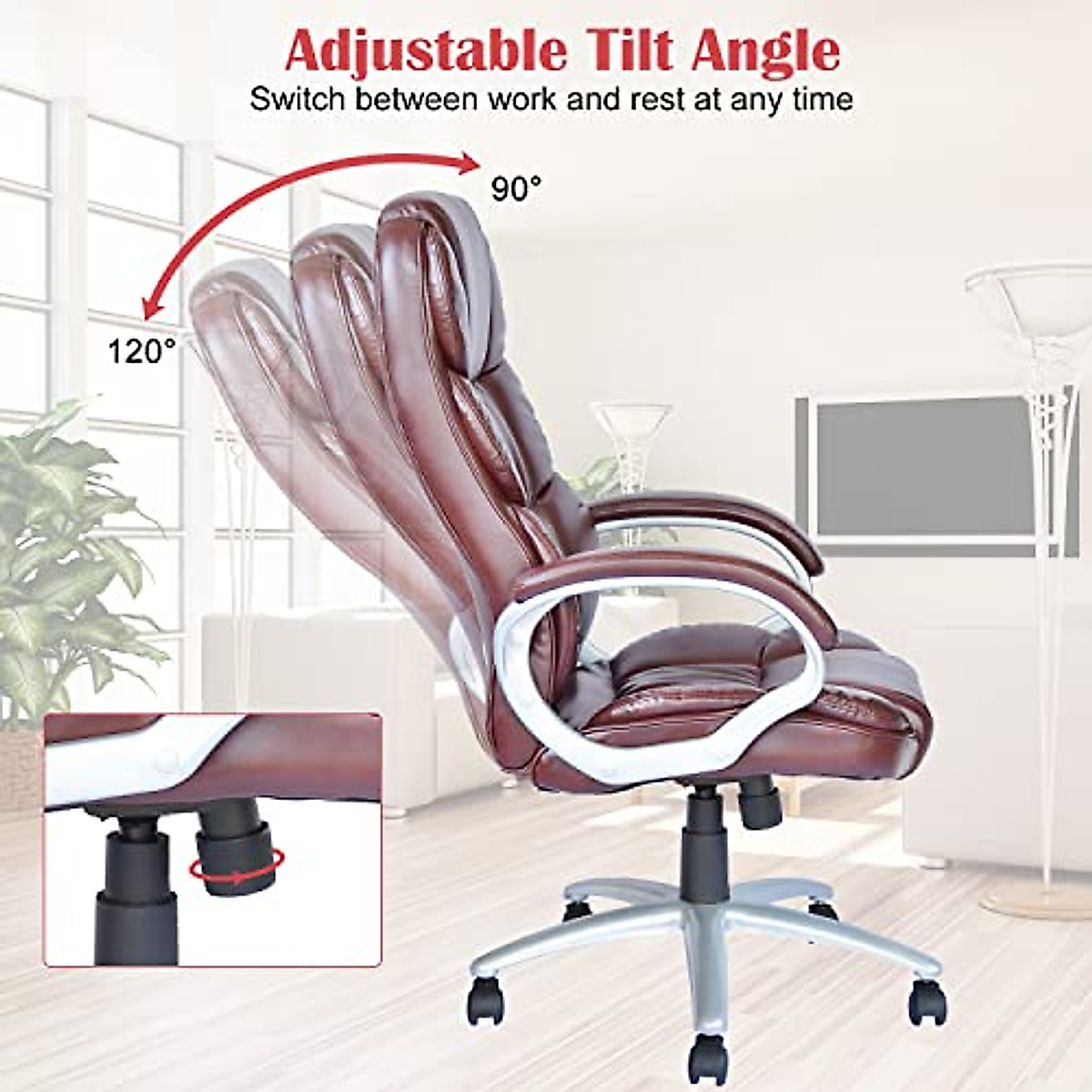 Ergonomic Office Chair Desk Chair 250 LBS Capacity High Back Adjustable Height Computer Chair w/Armrests Lumbar Support, PU Leather Rolling Swivel Task Chair Modern Executive Home Desk Chair(Brown)