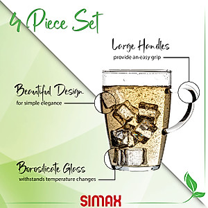 Simax Glass Coffee Mugs, 13.5 Oz Borosilicate Glass Mugs for Hot Beverages, Clear Tea Mug, Mugs for Coffee, Glass Mugs with Handles, Coffee Mug, Clear Coffee Mugs Set of 4