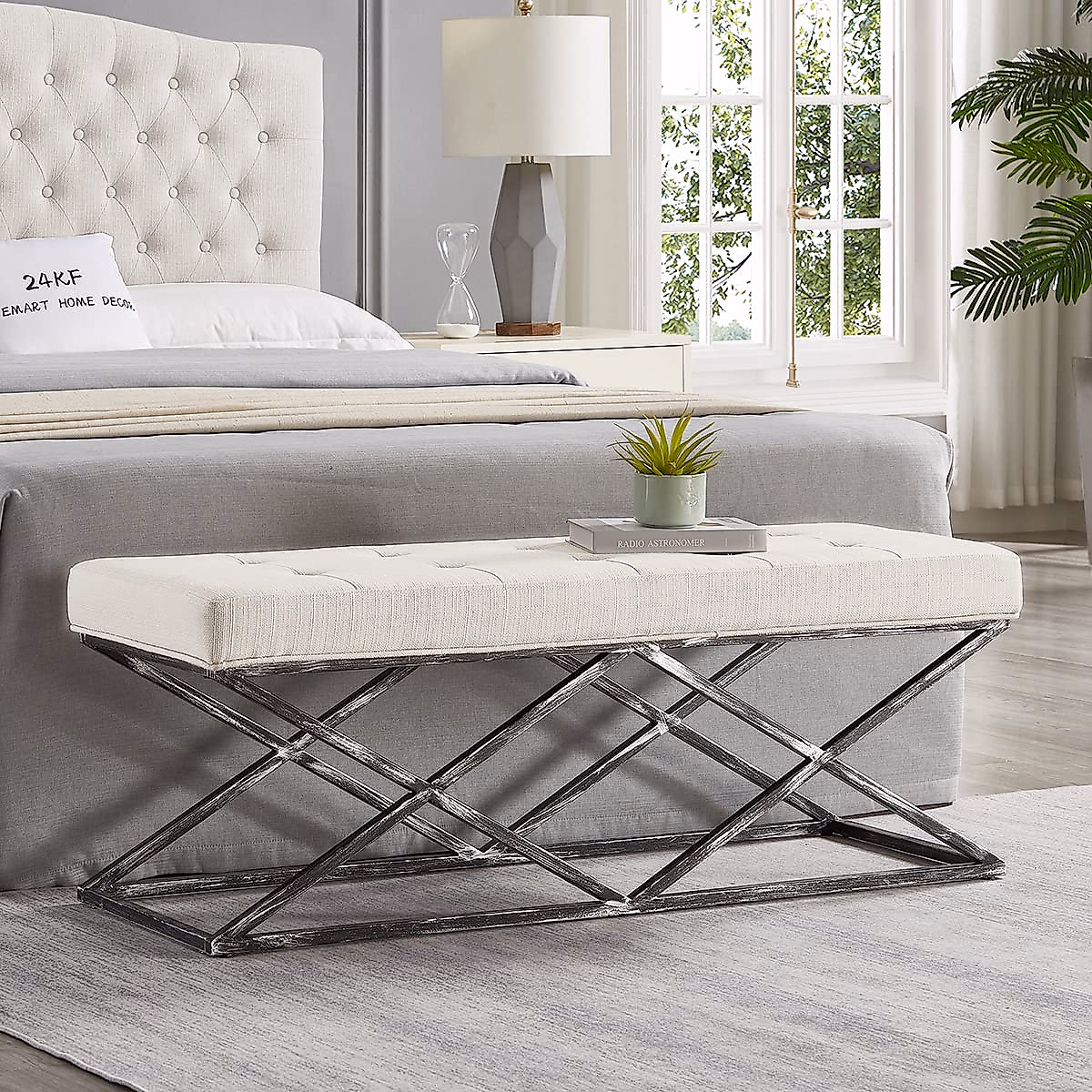 24KF Upholstered Tufted Long Bed Bench with Metal Frame Base, Linen Fabric Entryway Bench and Dining Bench- Ivory