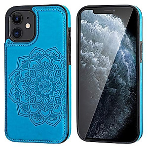 Vaburs Compatible with iPhone 12 and iPhone 12 Pro Case Wallet with Card Holder,Embossed Mandala Pattern Flower PU Leather Double Magnetic Buttons Flip Shockproof Protective Cover 6.1 Inch(Blue)