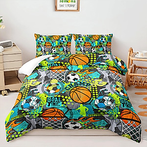 AILONEN Sport Comforter Set Queen Size,Printed Basketball Soccer Bedding Set for Kids Boys Teens,3 Piece Sport Theme Duvet Set for Bedroom Decor,1 Comforter and 2 Pillowcases
