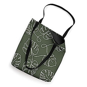 Line Art Monstera Leaf Botanical Tropical Plant Olive Green Tote Bag