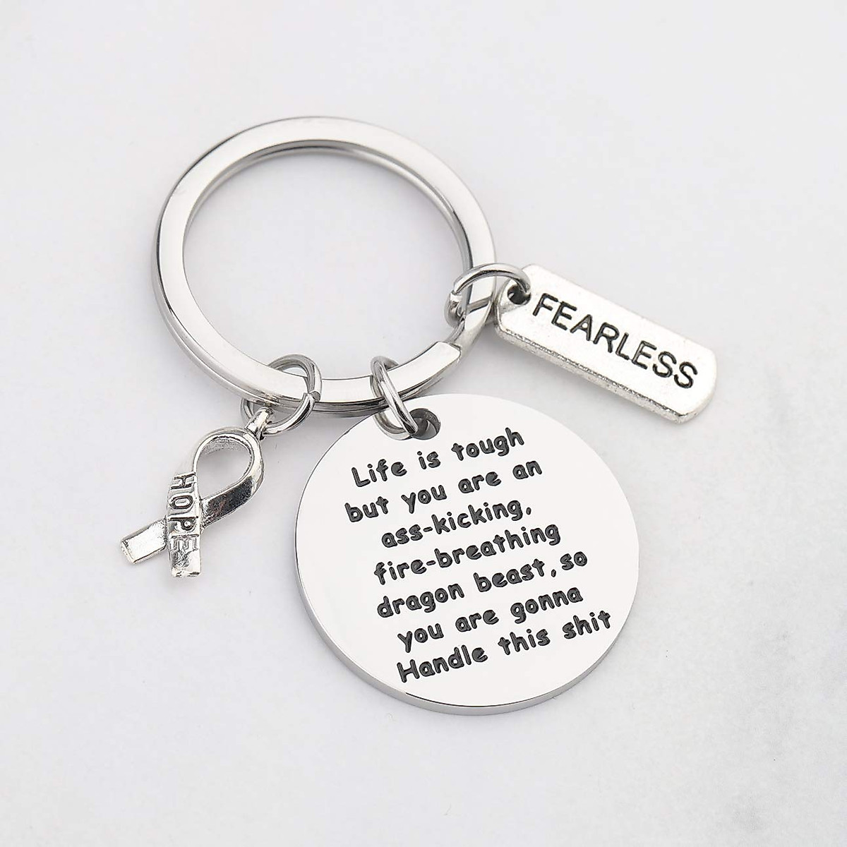 BEKECH Cancer Fighter Gift Awareness Ribbon Charm Cancer Survivor Keychain Life Is Tough But You Are Gonna Handle This Shit Keychain Survivor Recovery Jewelry Cancer Awareness Gifts (Silver)