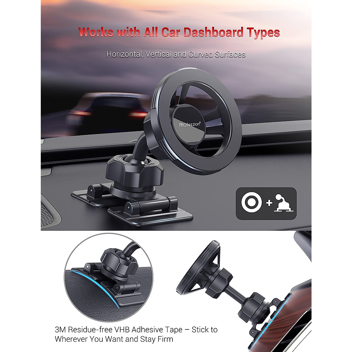 PROfezzion Deluxe Metal Version for MagSafe Car Mount, 2 in 1 Combo Magnetic Phone Holder for Car Vent or Dashboard Compatible with iPhone 15 14 13 12 Pro Max Plus, MagSafe Case & All Phones