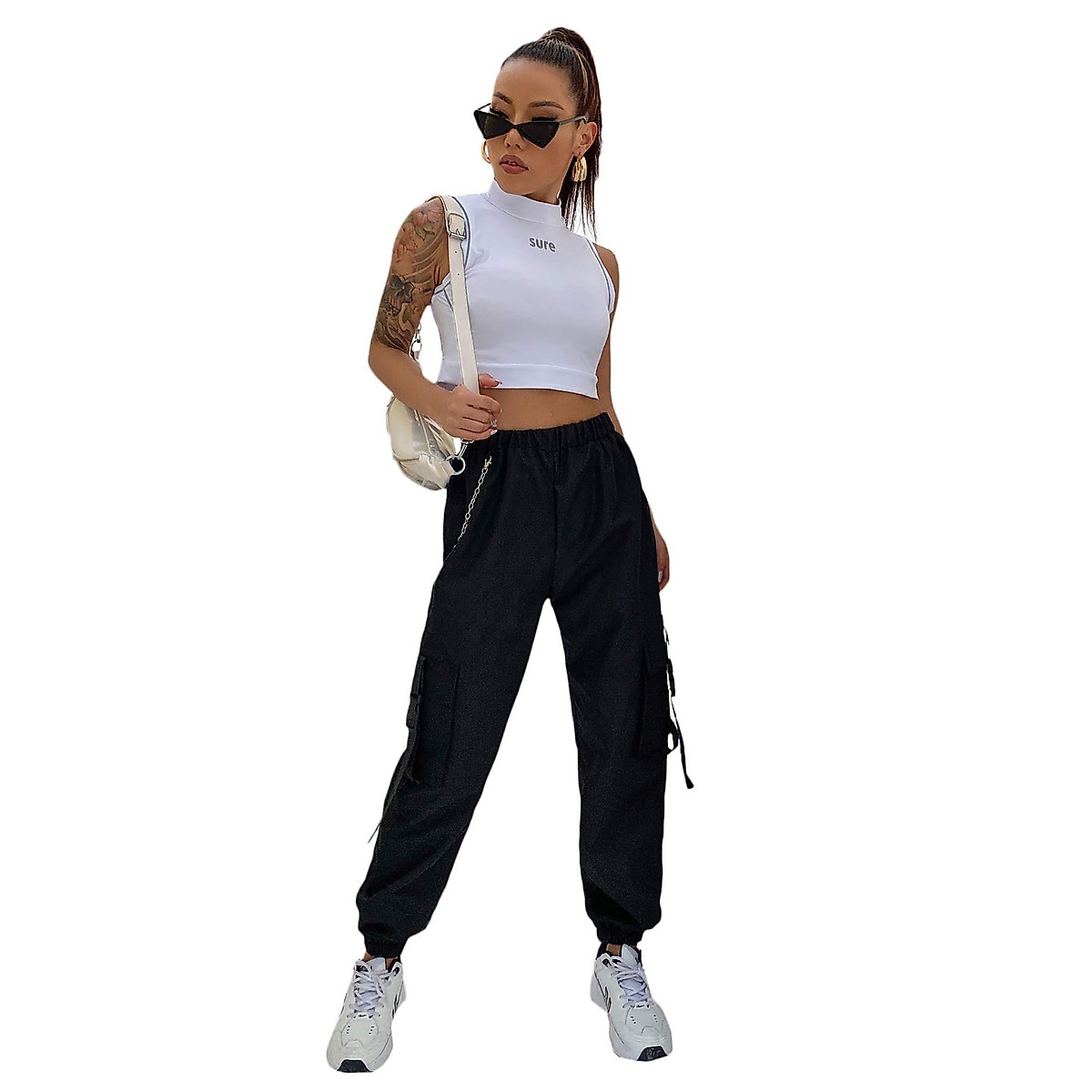 DIDK Women's High Waisted Flap Pocket Solid Jogger Cargo Pants with Chain Black M