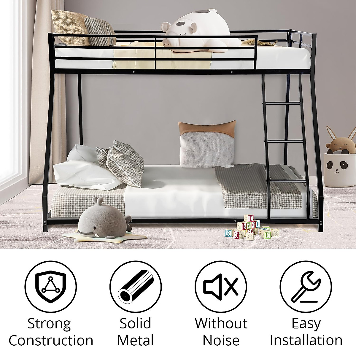 Twin Over Full Size Bunk Bed, Heavy Duty Metal Bunk Bed Frame with Inclined Ladder, Low Floor Bunk Bed for Teens Adults Dorm Bedroom Guest Room, Space Saving & Noise Free, No Box Spring Needed, Black