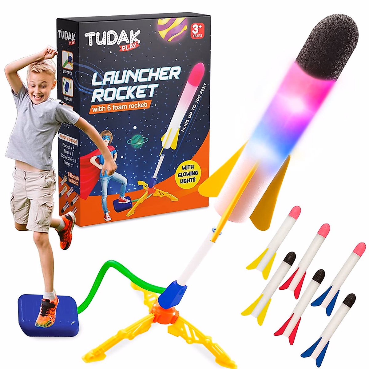 Light Up Toy Rocket Launcher for Kids | Shoots Up to 100 Feet in The Air | 6 Colorful Flashing Foam Rockets and Sturdy Launcher Stand, | Fun Outdoor Toy | Gift for Boys and Girls Age 3+