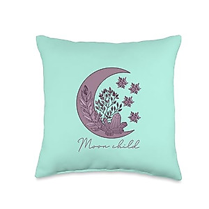 Moon Child Witchy Moon Phases Divination Crescent Moon Child Witchy Wicca Spiritual Healing Turquoise Throw Pillow, 16x16, Multicolor