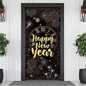 Black and Gold Happy New Year Door Cover Happy New Year Photo Backdrop NYE Decor 2024 Lunar New Years Eve Party Spring Festival Decorations and Supplies for Home