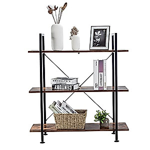 Giantex 3-Tier Bookshelf Industrial Style Bookcase Vintage Wood Bookshelves with Metal Frame, Home and Office Organizer, Storage and Display Rack, Rustic Brown