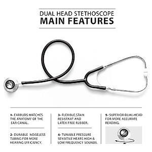 Classic Dual Head Stethoscope for Medical and Home use - Ideal for Nurses, Medical Students, Doctors, EMTs - Diagnostic Stethoscope for Basic Heart + Lung assessments (Black)