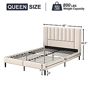 Flolinda Queen Size Platform Bed Frame with Velvet Upholstered Headboard and Wooden Slats Support, Fully Upholstered Mattress Foundation/No Box Spring Needed/Easy Assembly, Cream White