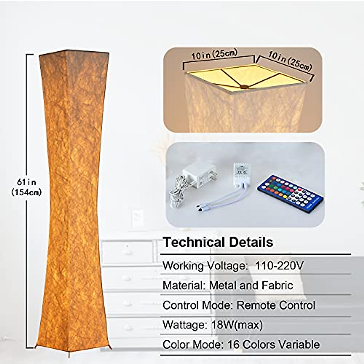 Omgomne Modern 61" Floor Standing Lamps with Remote Control,16 Colors Softlighting White Square Linen Shade LED Tall Lamps for Bedroom Play Kids Room