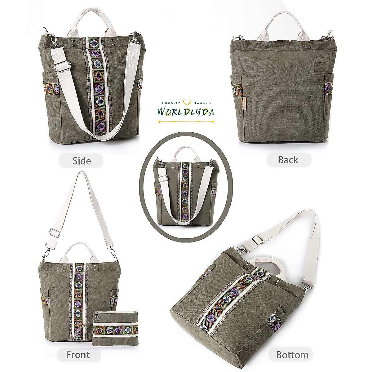 Worldlyda Women Canvas Tote Purse Large Retro Shoulder Bag Casual Crossbody Hobo Top Handle Handbags with Embroidery Ethnic(Oliver Green)