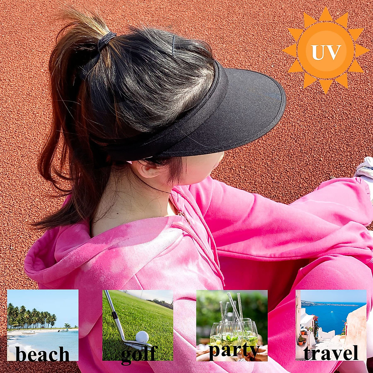 2 Pack Sun Visors Hat Women Men Clip On Visor-Hats Wide Brim Visor UV Protection Adjustable Outdoor Sports Tennis Beach Running Travel Golf Caps Headwear Black
