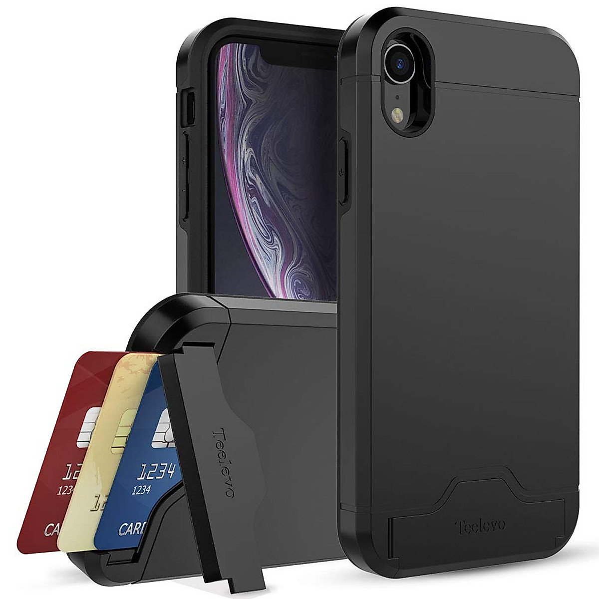 Teelevo Wallet Case for Apple iPhone XR (2018), Dual Layer Case with Card Slot Holder and Kickstand for Apple iPhone XR - Black