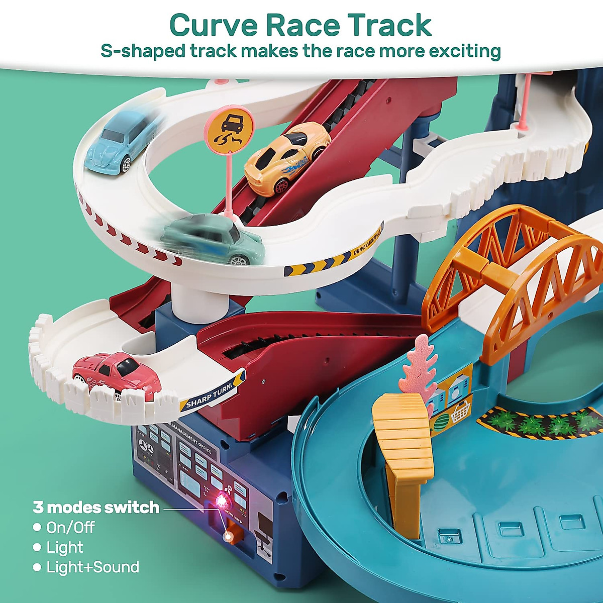 CUTE STONE Race Track Playset with 4 Mini Cars, 4 Dino Pull Back Cars, Dinosaur Figures, Educational Toy Vehicle Playset for 3-5 Year Old Kids