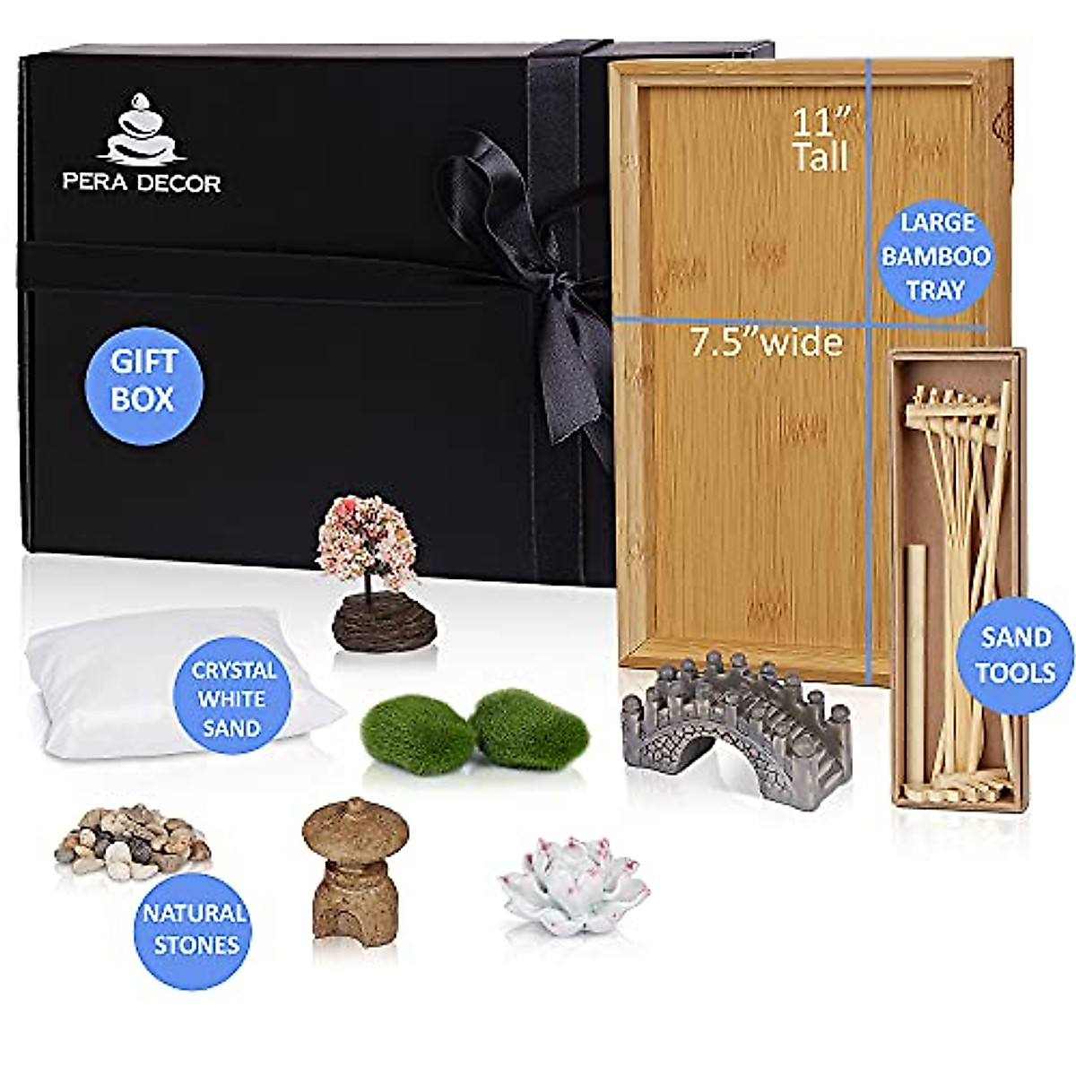 Zen Garden Kit for Desk, 11x7.5 Inches Japanese Zen Garden with Large Bamboo Tray, White Sand, Rake Tools Set, Small River Rocks, Meditation Accessories, Mini Zen Garden Gift Set for Office
