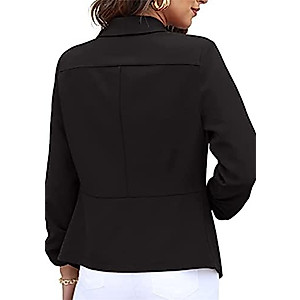 BOFETA Women's Casual 3/4 Sleeve Blazers Open Front Solid Lapel Ruched Sleeve Jacket Blazer Black M