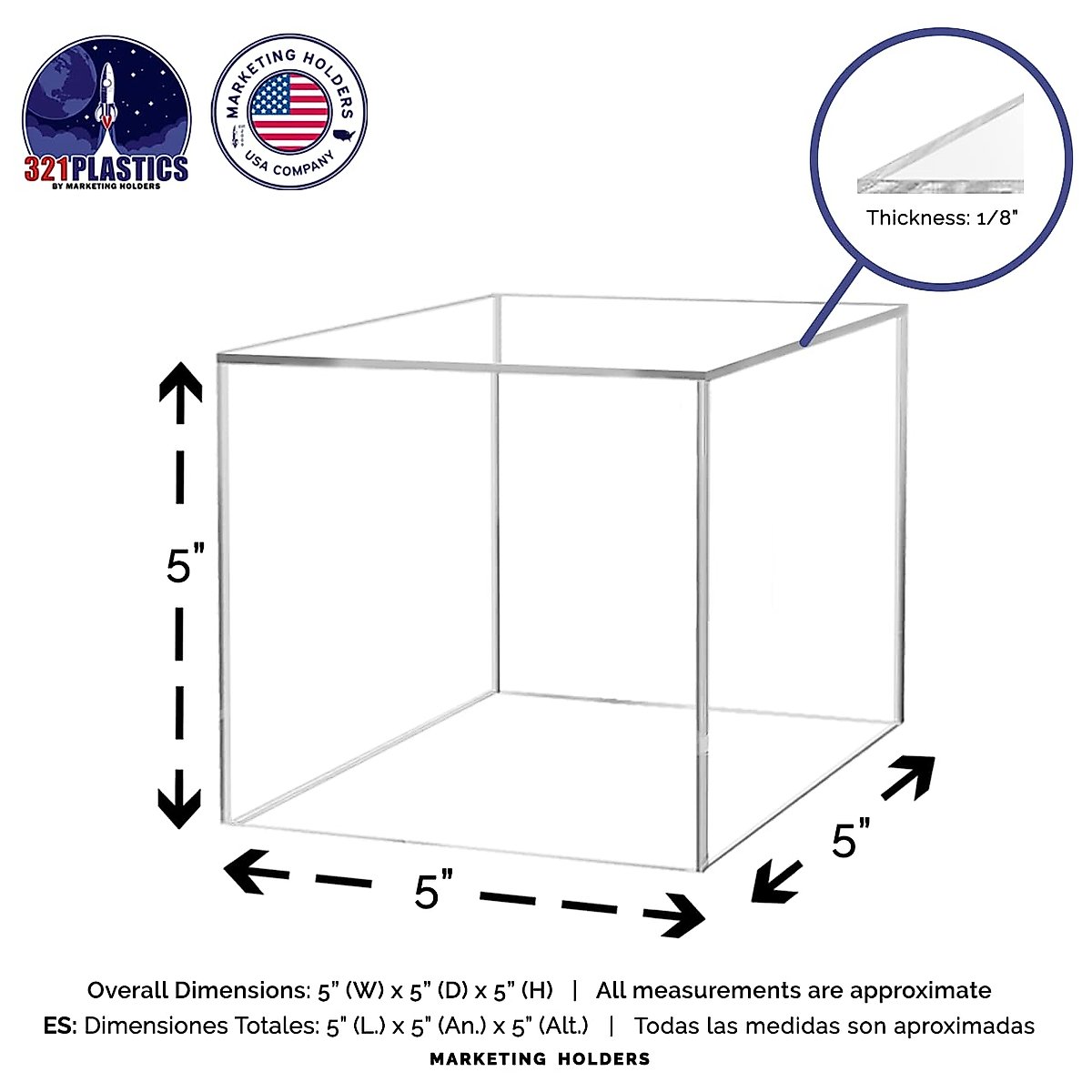 Marketing Holders 5" Acrylic Display Riser Box with One Open Side Versatile Clear Square Retail Merchandise Storage Bin or Product Platform