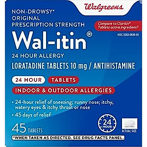 Walgreen wal-itin Non-drownsy 24 Hour Allergy Indoor and Outdoor Allergies 45 Tablets