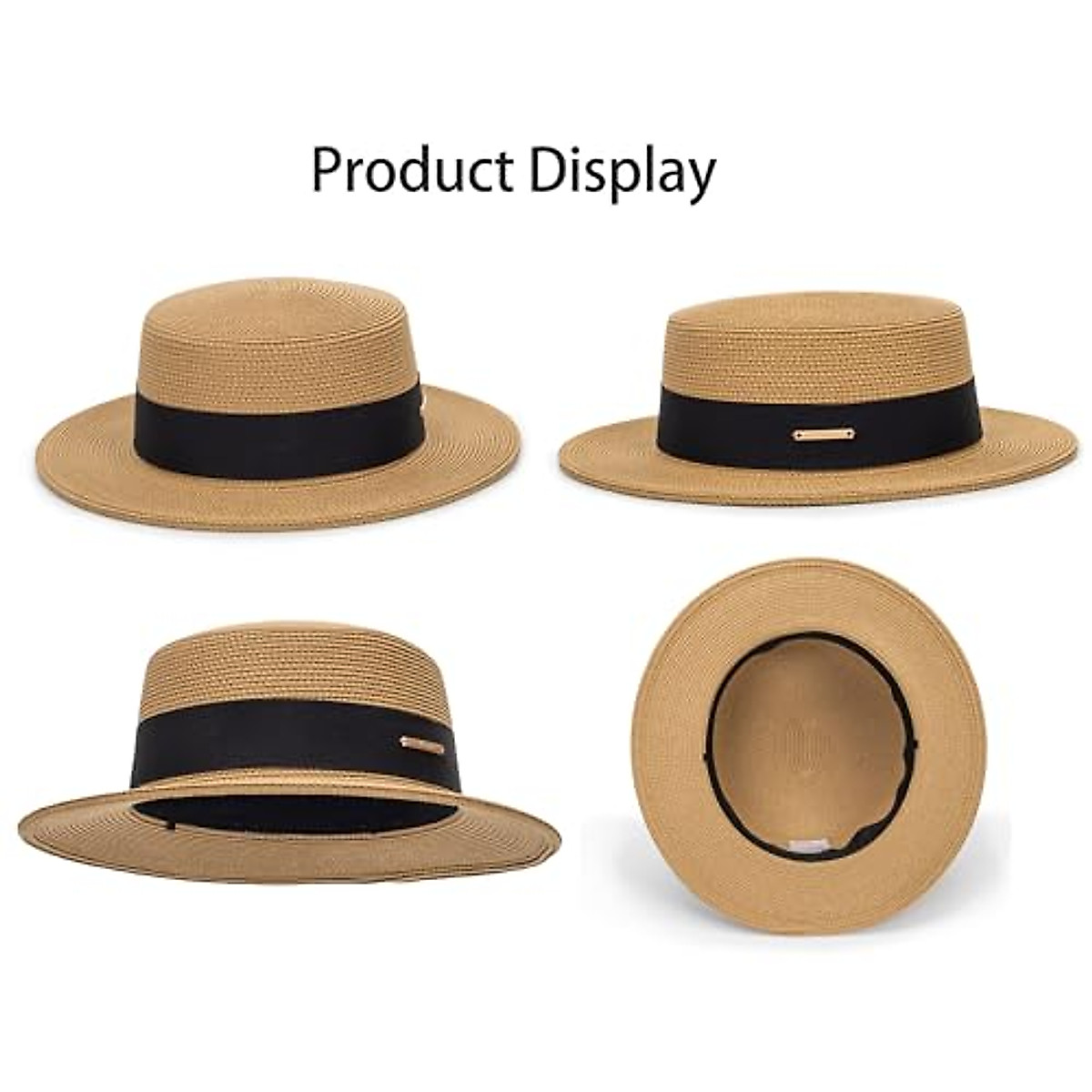 Straw Beach Sun Hat Pork-Pie Boater-Hat for Women Men - Summer Wide Brim Uv-Rays Panama Hat Khaki