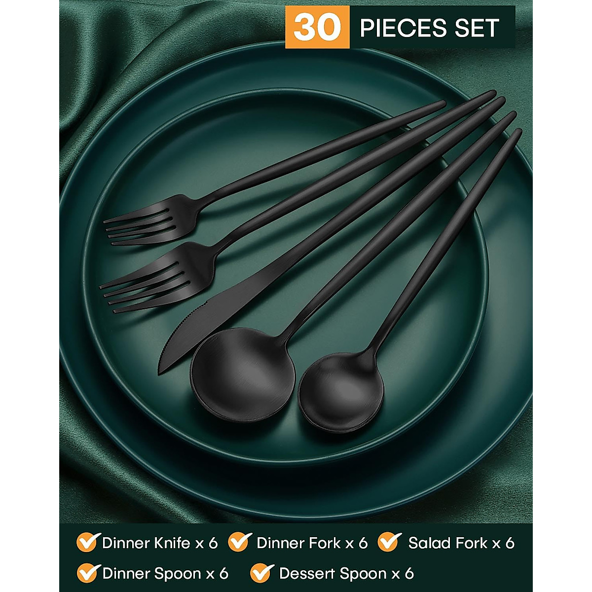 EUIRIO 30-Piece Silverware Set for 6, Stainless Steel Flatware Set Matte Black, Modern Brushed Thick Cutlery Set with Spoons Forks and Knives, Utensil Sets for Home Kitchen Hotel, Dishwasher Safe