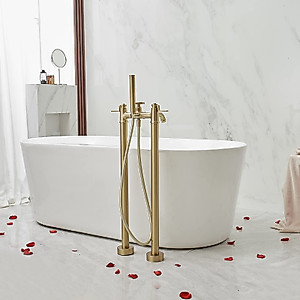 BWE Floor Mount Freestanding Bathtub Faucets Brushed Gold Solid Brass Single Handle Modern Bathroom Tub Filler High Flow Rate with Handheld Shower Mixer Tap