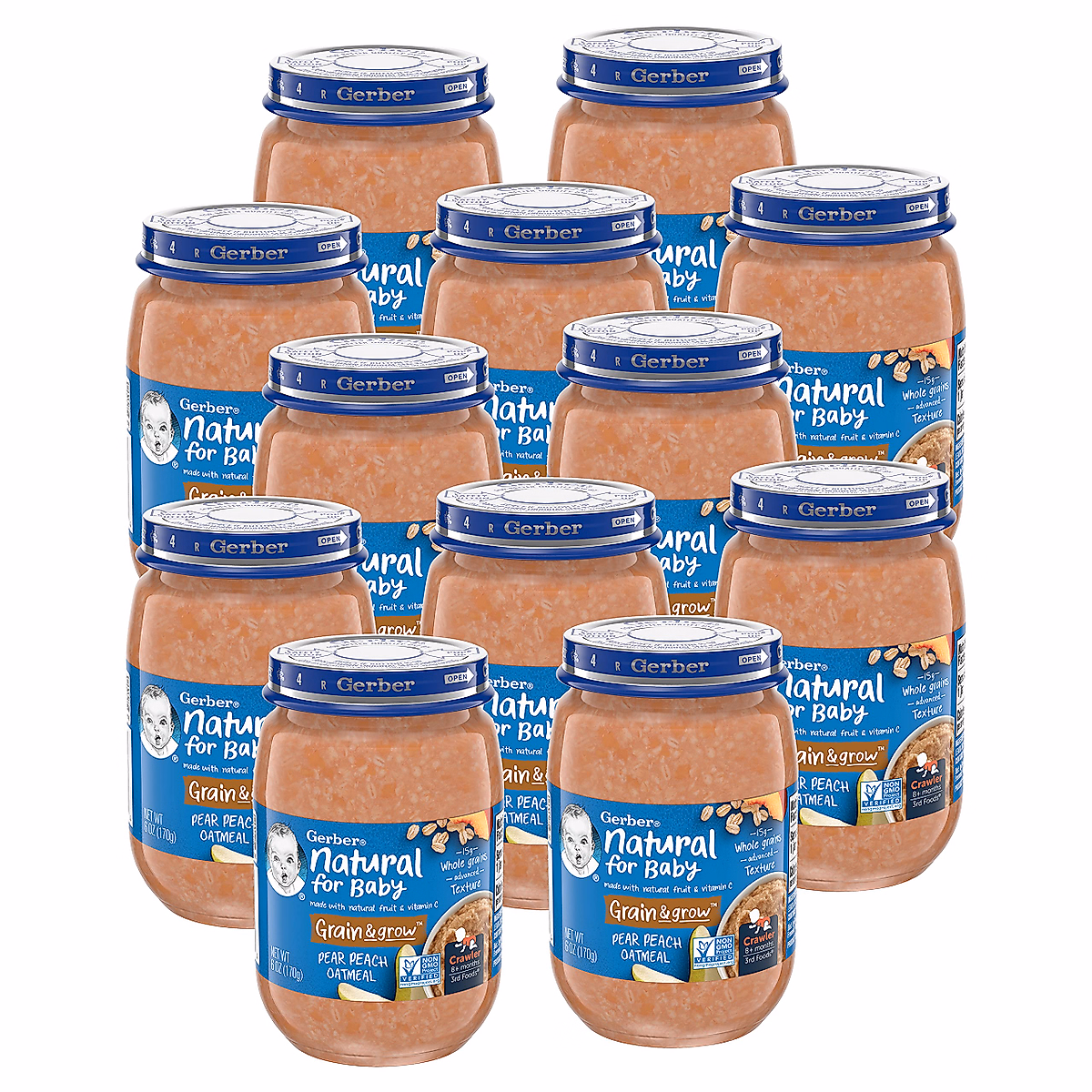 Gerber 3rd Foods Natural for Baby Grain & Grow Baby Food Jar, Pear Peach Oatmeal, Made with Natural Fruit & Vitamin C with Advanced Texture, 6 OZ Glass Jar (Pack of 12)