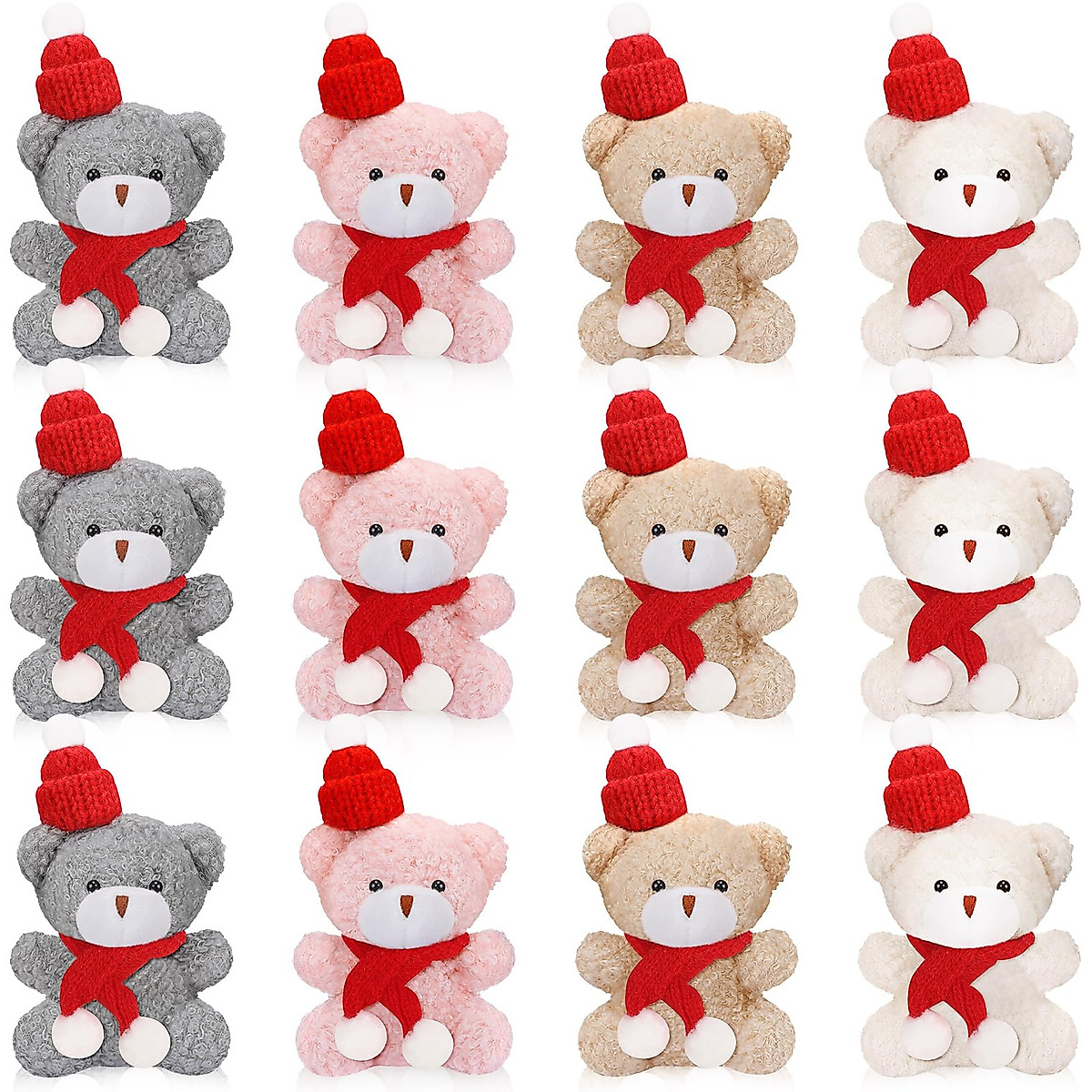 Jexine 12 Pcs Christmas Mini Plush Bears Bunny 3.14 Inch Tiny Stuffed Jointed Furry Doll Toys for DIY Gifts Christmas Tree Stocking Stuffers Keychain Baby Shower Wedding Party Favors(Cute Bear)