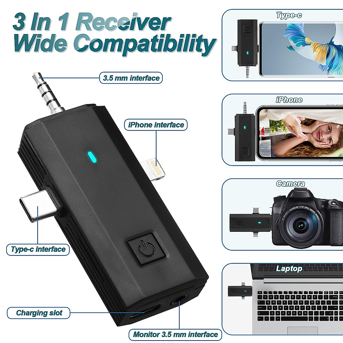 Biupky 3 in 1 Wireless Clip Mic, Wireless Lavalier Microphones, Lapel Clip-on Microphone, Plug-Play Wireless Microphones, for Android iPhone iPad Camera Video Recording TikTok Facebook YouTube Live