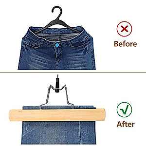 AMKUFO 12 Pack Natural Wooden Pants Hangers with Clips Non Slip Skirt Hangers Trouser Clamp Hanger Solid Wood Hanger with 360° Swivel Hook