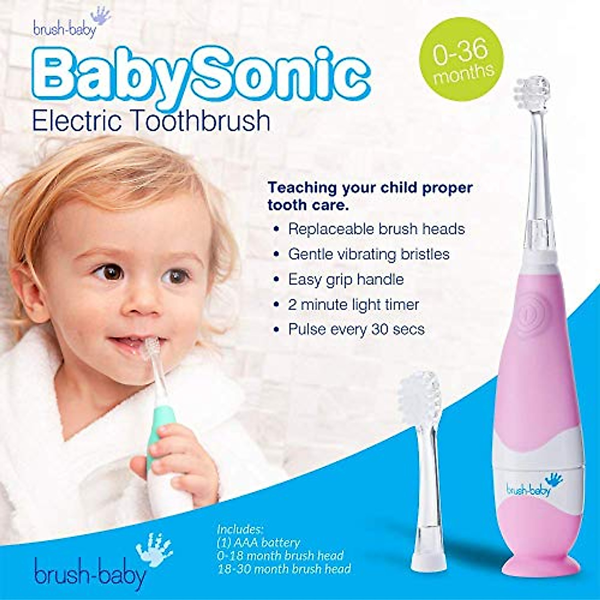 brush-baby BabySonic Infant and Toddler Electric Toothbrush for Ages 0-3 Years - Smart LED Timer and Gentle Vibration Provide a Fun Brushing Experience - Includes 2 Sensitive Brush Heads (Pink)