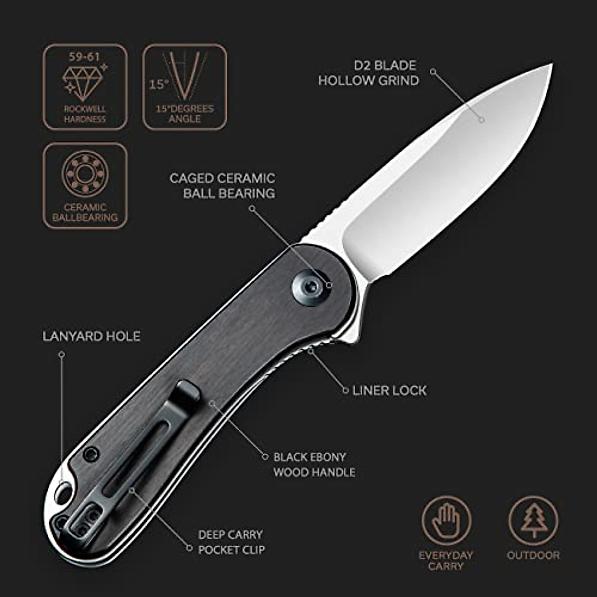CIVIVI Elementum Folding Pocket Knife D2 Satin 2.96" Blade, Wood Handles C907D (Black Ebony Wood)