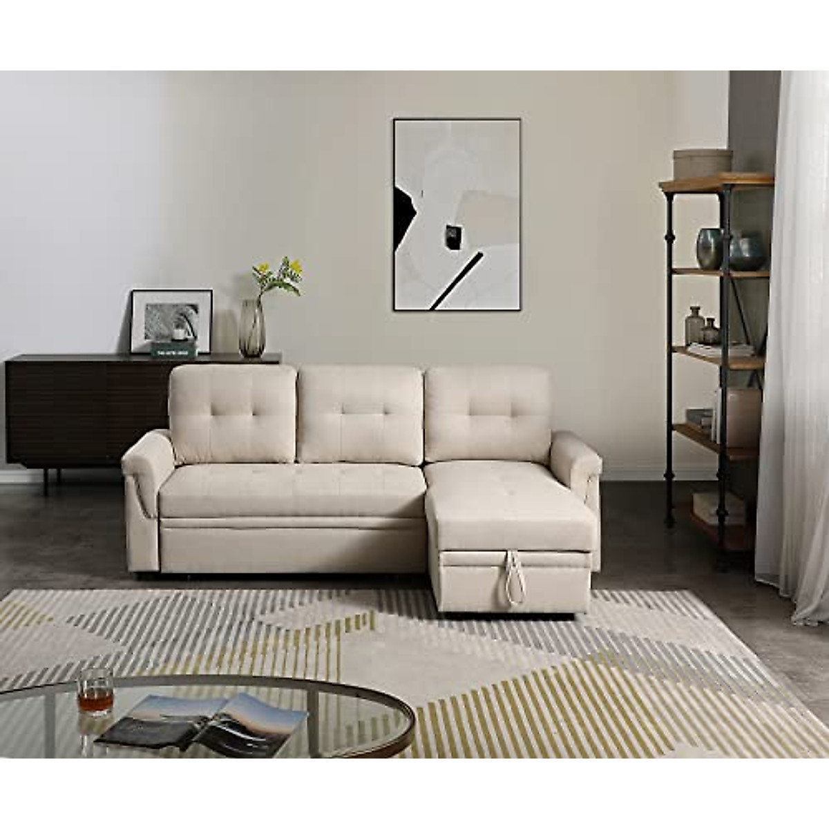 uhome Upholstered Sleeper Sofa with USB Ports sectional Couch Reversible Sofabed, Full XL, Beige